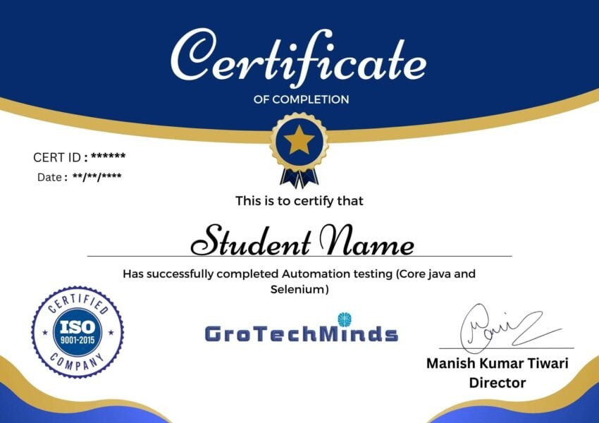 Automation testing Sample certificate - GroTechMinds